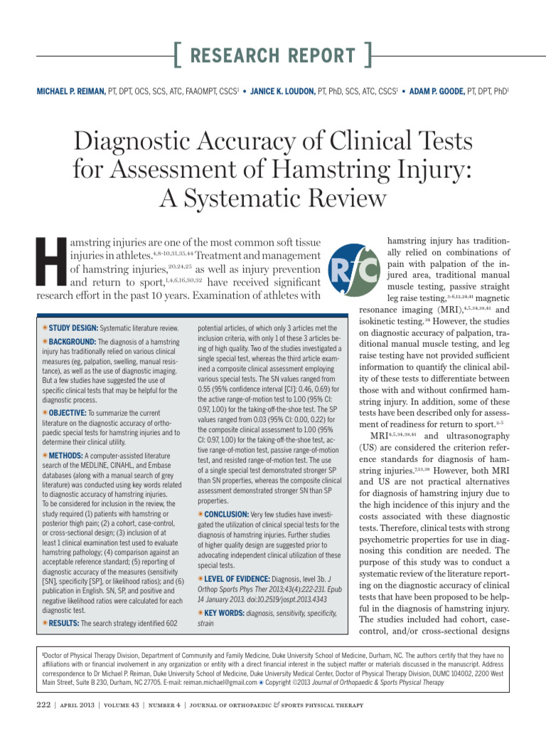 Reiman Et Al 2013 Diagnostic Accuracy of Clinical Tests For Assessment ...