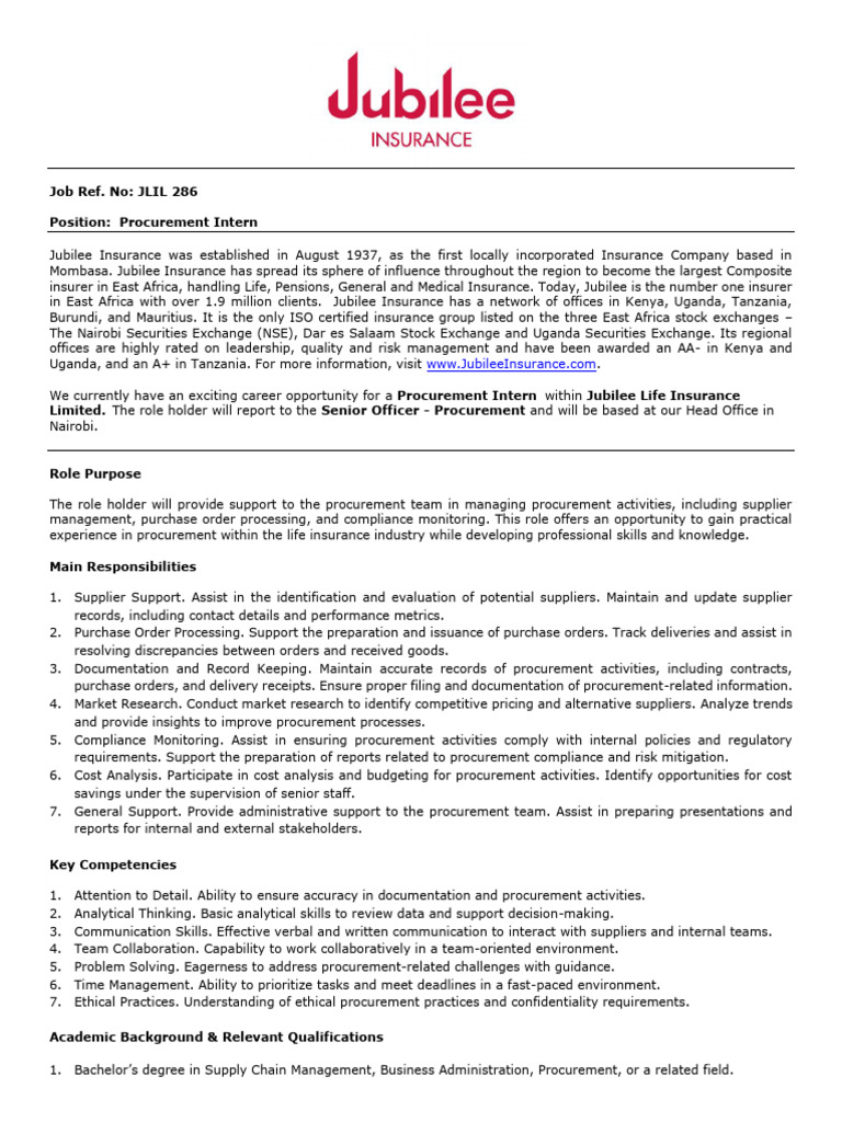 Procurement Intern Position at Jubilee Insurance | PDF | Procurement ...