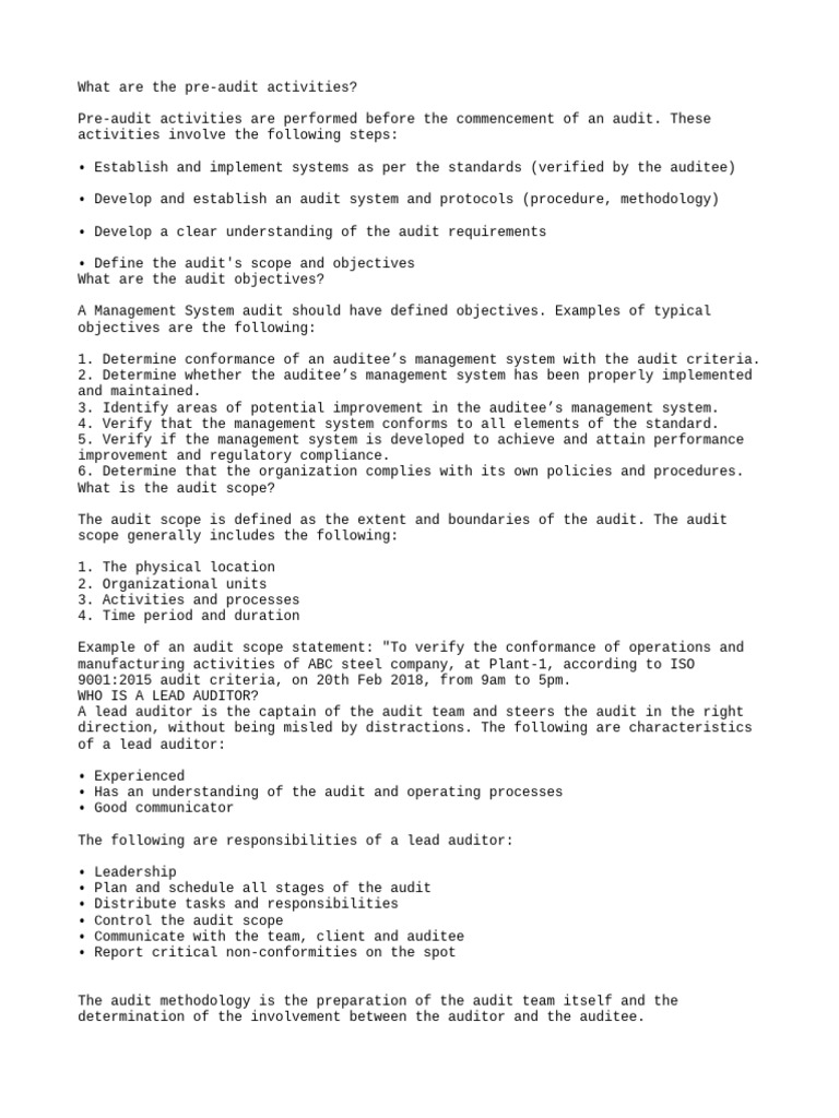 Pre-Audit Activities and Objectives Explained | PDF | Audit | Business
