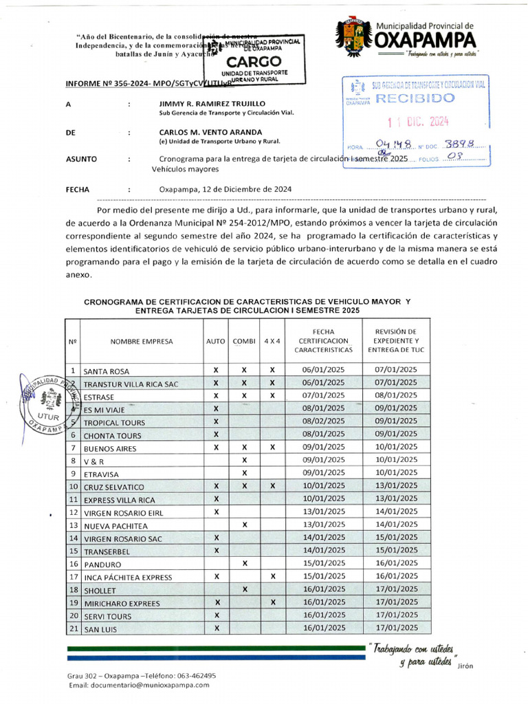 Inf. 356-2024-Utur Cronograma Veh. Mayores | PDF