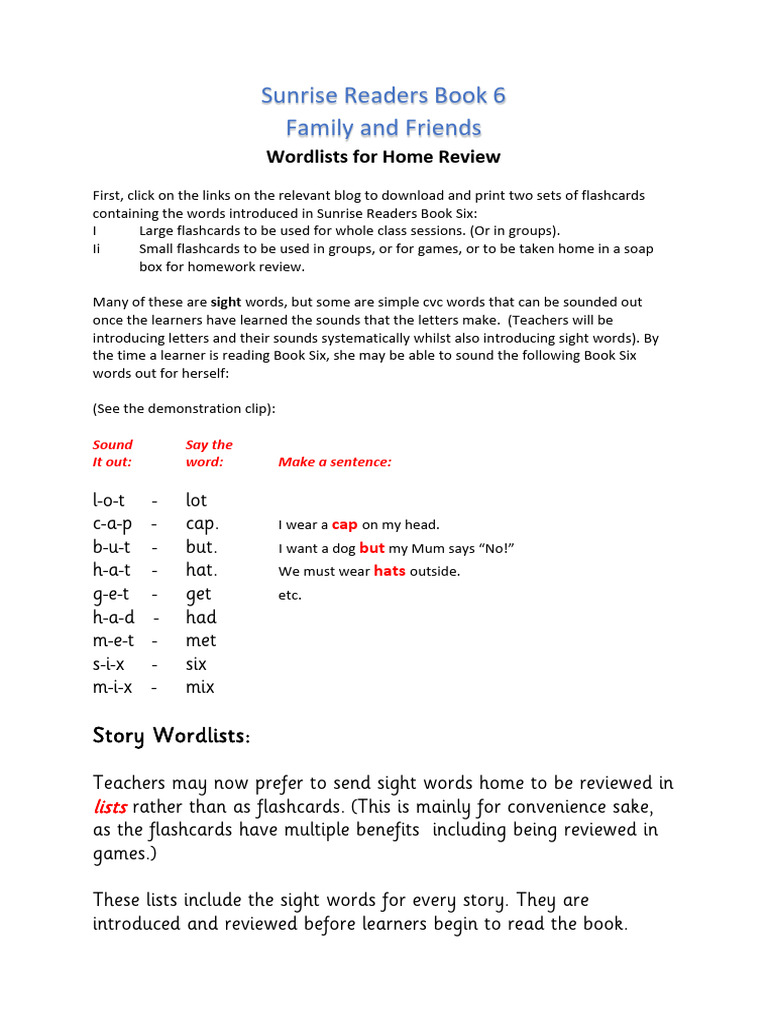 Wordlists for Sunrise Readers Book 6 | PDF