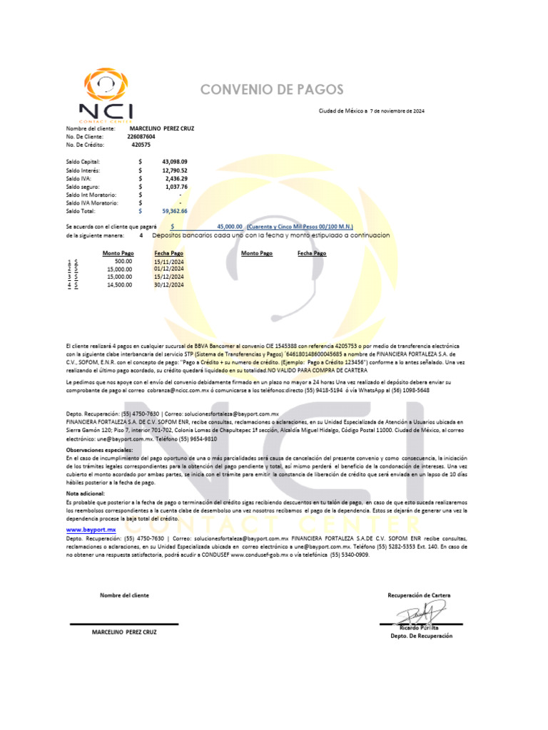 Convenio de Pagos - Financiera Fortaleza | PDF