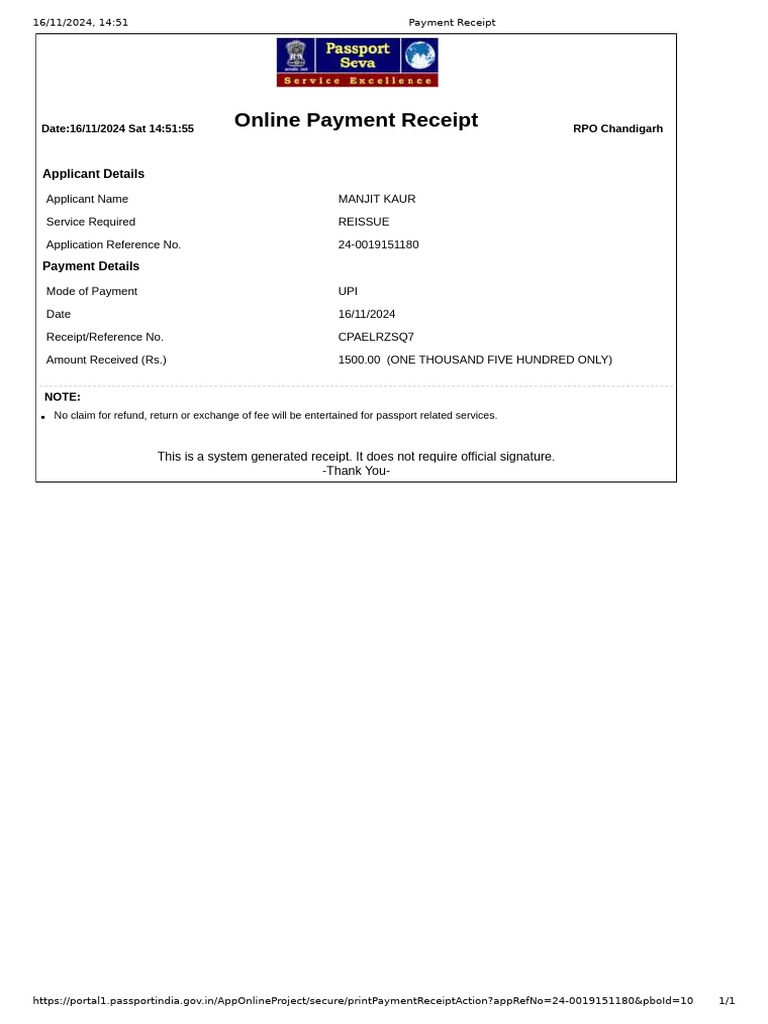 Online Payment Receipt for Passport Reissue | PDF