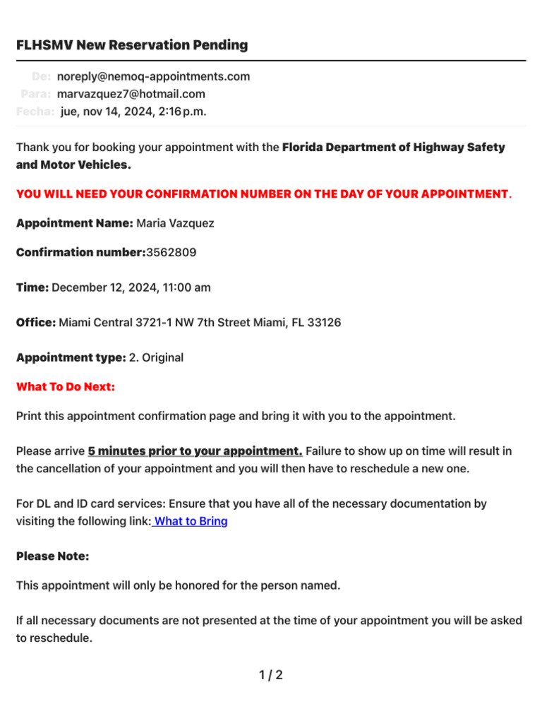 Florida DMV Appointment Confirmation | PDF