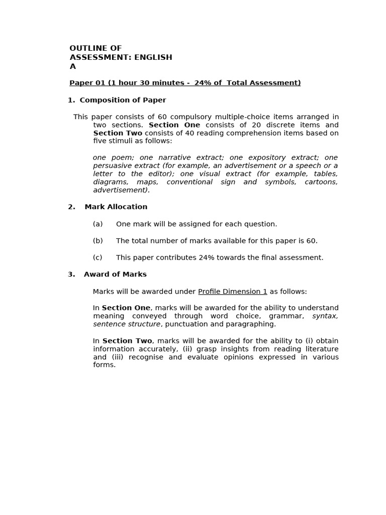 English Assessment Paper 01 Outline | PDF