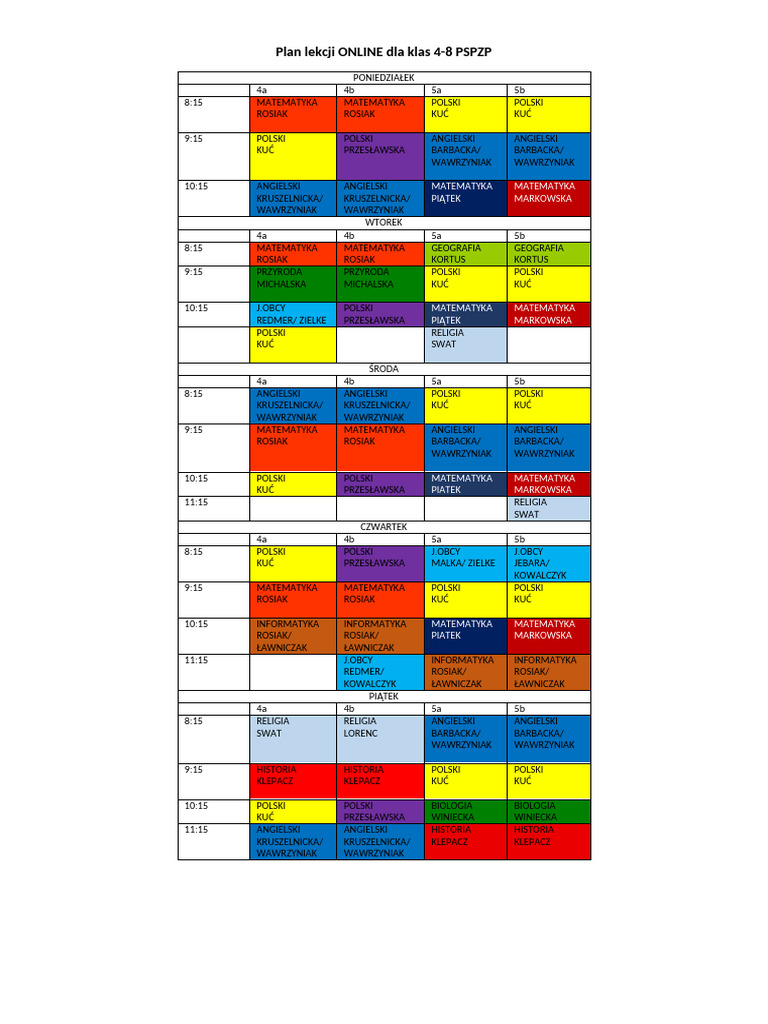 Plan Lekcji SP Dla Klas 4 8 SP 4 | PDF