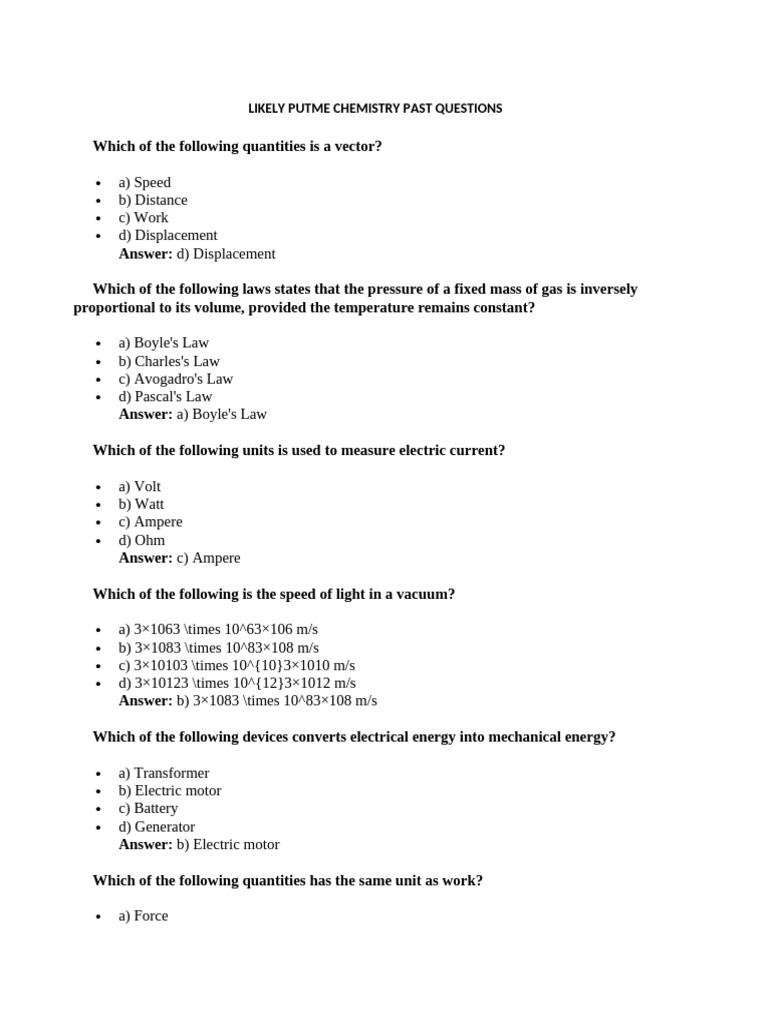 Likely Putme Physics Past Questions | PDF | Force | Electric Current