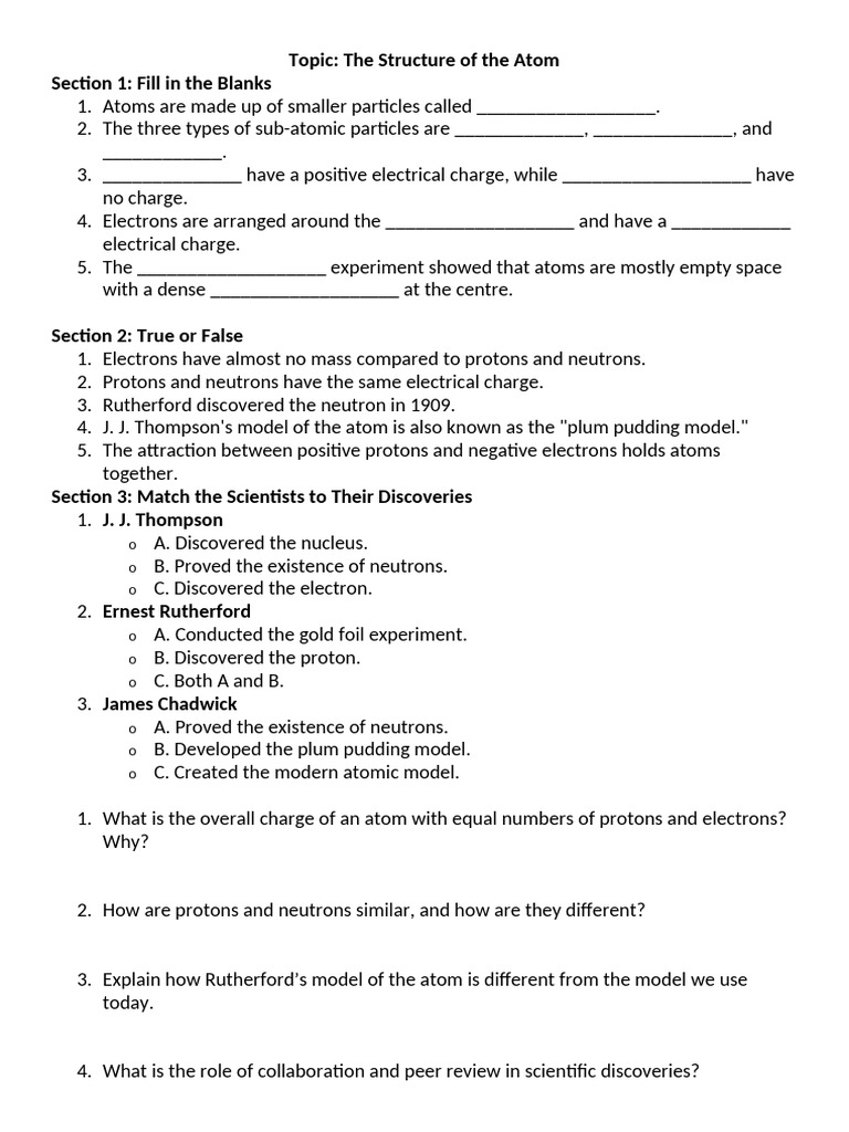 Science Worksheet 2 | PDF | Atoms | Proton
