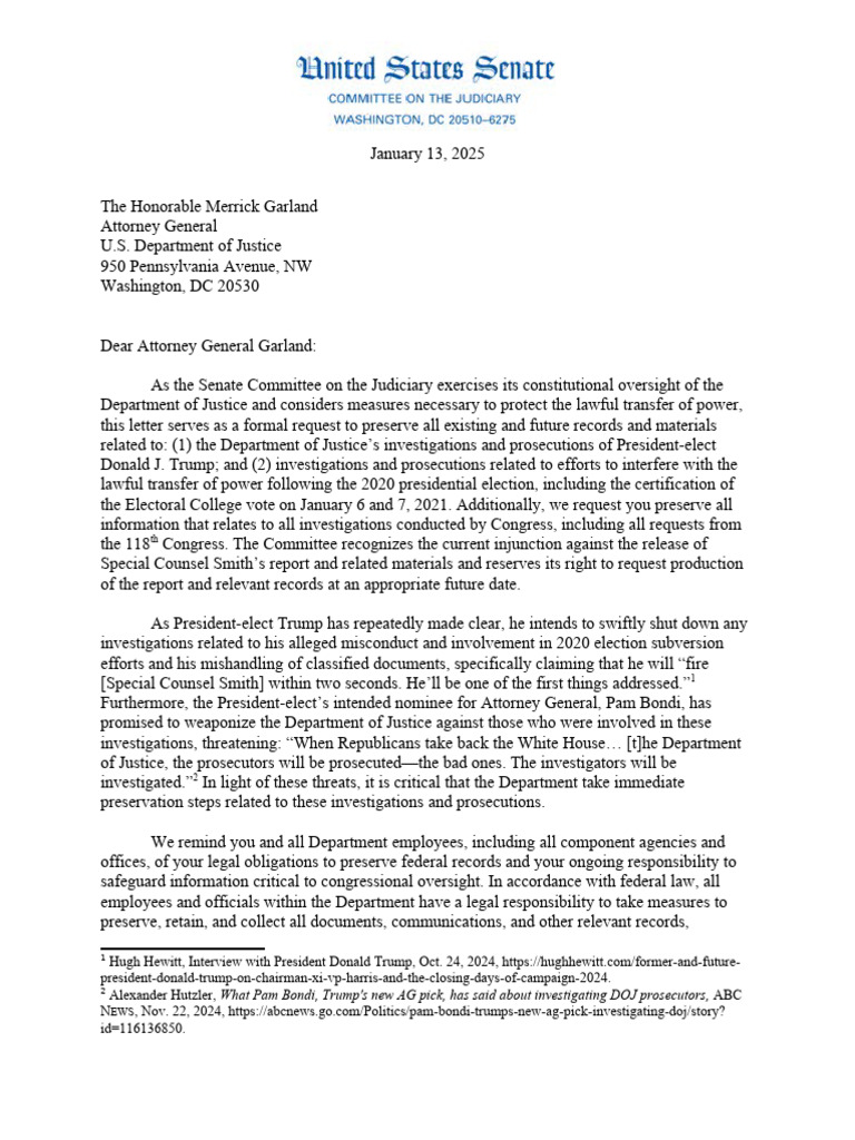 Letter to DOJ on Records Preservation | PDF | United States Department ...