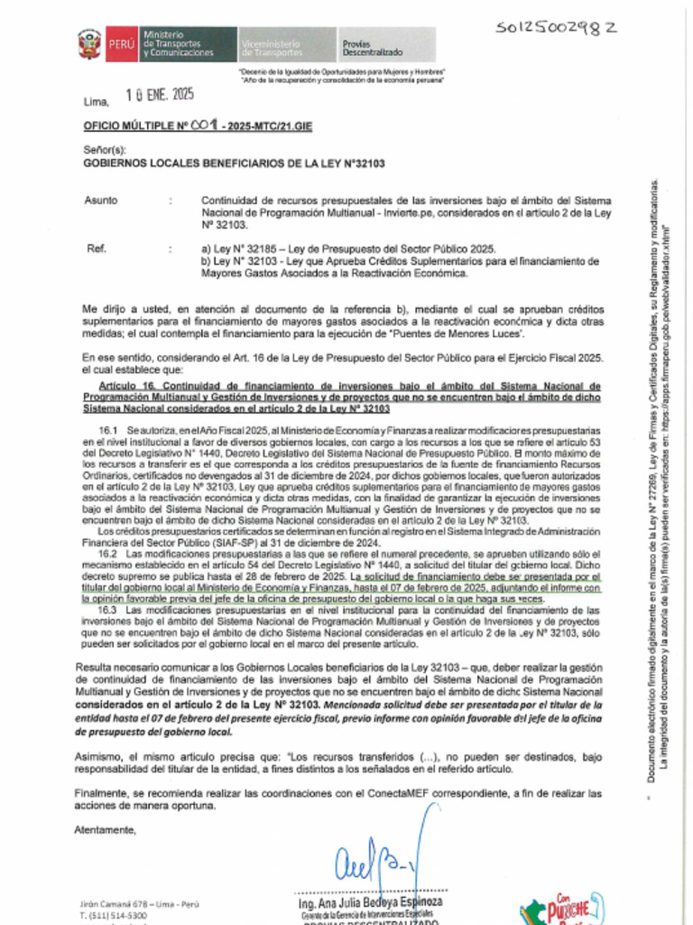 Oficio Multiple 001-2025-Mtc-21.gie | PDF
