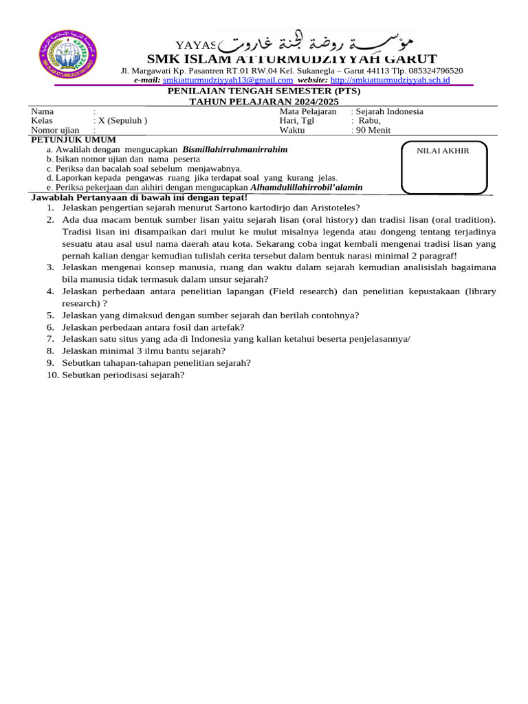 Soal PTS - X Sejarah 2024-2025 | PDF