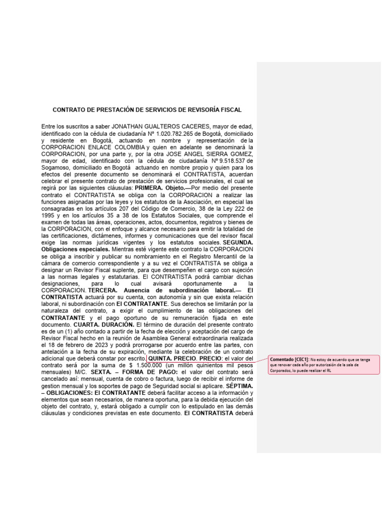 Contrato de Prestacion de Servicios de Revisoria Fiscal | PDF | Derecho laboral | Documento de ...