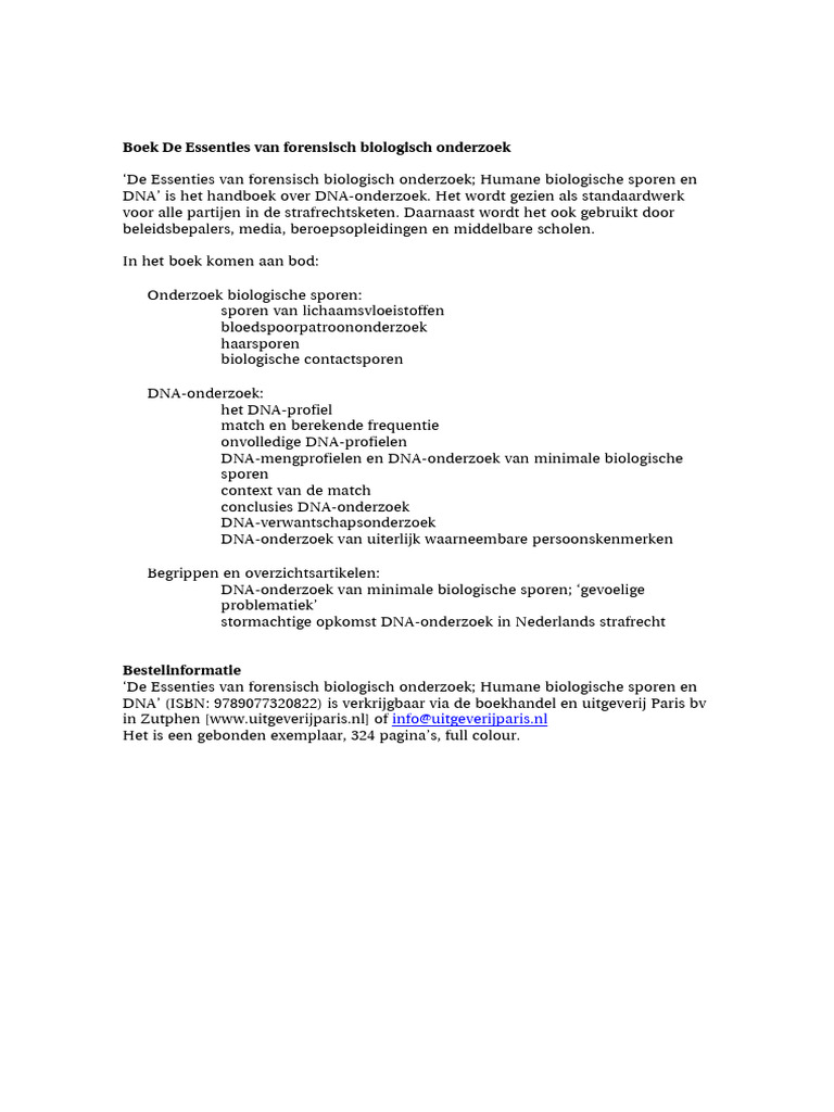 De Essenties Van Forensisch Biologisch Onderzoek 2009 - tcm35 244738 | PDF