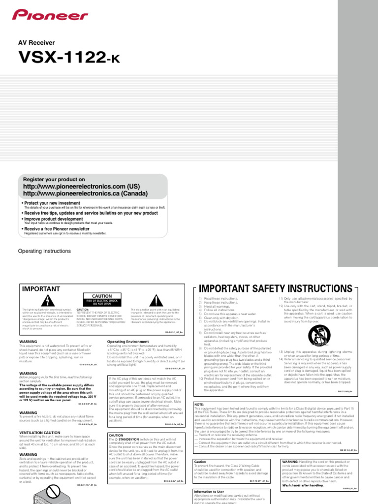 VSX 1122 K - OperatingInstructions070612 | PDF | Hdmi | Ac Power Plugs ...