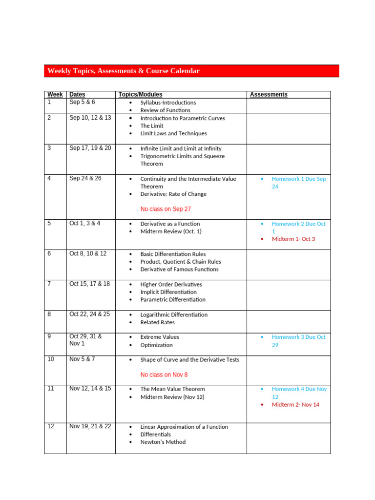 Weekly Course Calendar & Assessments | PDF | Derivative | Function ...
