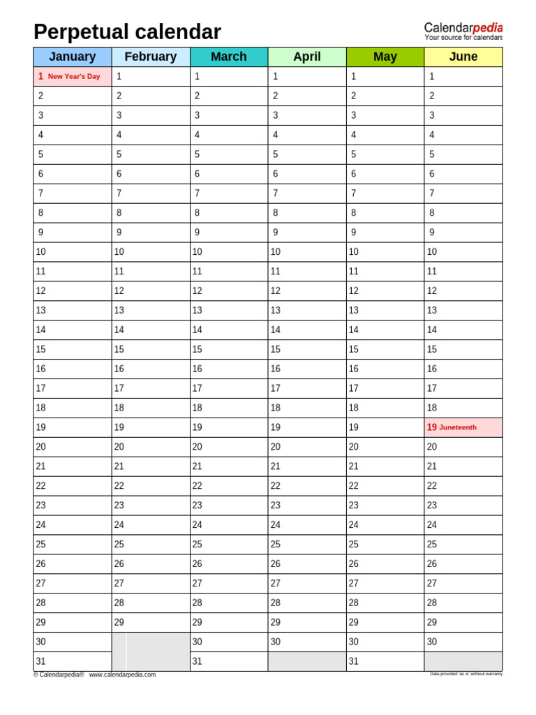 Perpetual Calendar Portrait 2 Pages | PDF | Secular Holidays | Observances