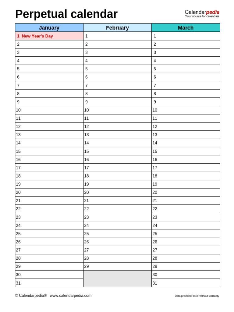 perpetual-calendar-portrait-4-pages | PDF | Secular Holidays | Observances