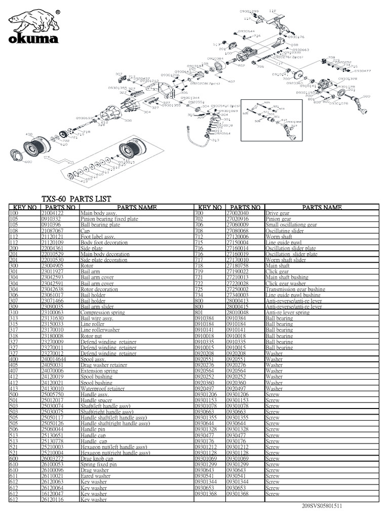 Okuma Trio Rex TXS-60 Parts List | PDF | Gear | Mechanical Engineering