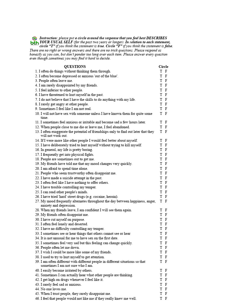 Borderline Personality Questionnaire- BTH.docx | PDF | Mood (Psychology ...
