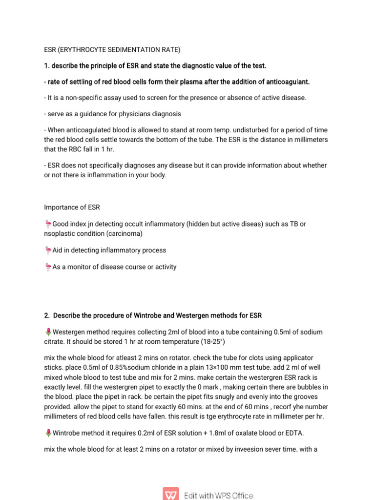 ESR (ERYTHROCYT-WPS Office | PDF | Medical Specialties | Diseases And ...