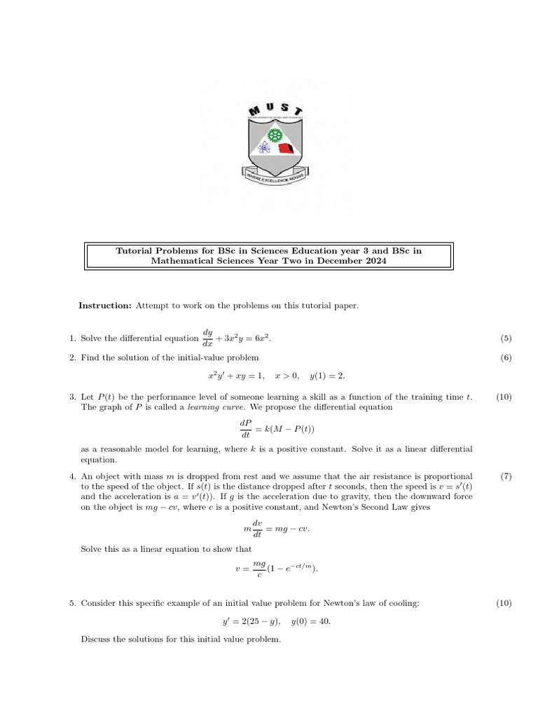 Differential Equations Tutorial for BSc Students | PDF | Radioactive Decay | Differential Equations