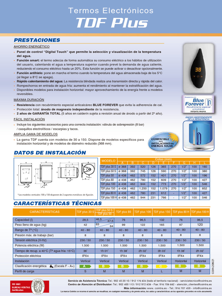 Termo eléctrico Cointra TDF Plus 80 | PDF | Agua | Cantidad