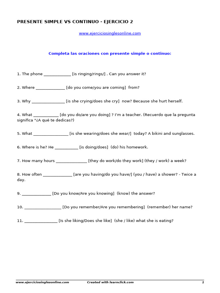 Presente Simple vs Continuo Ejercicio | PDF