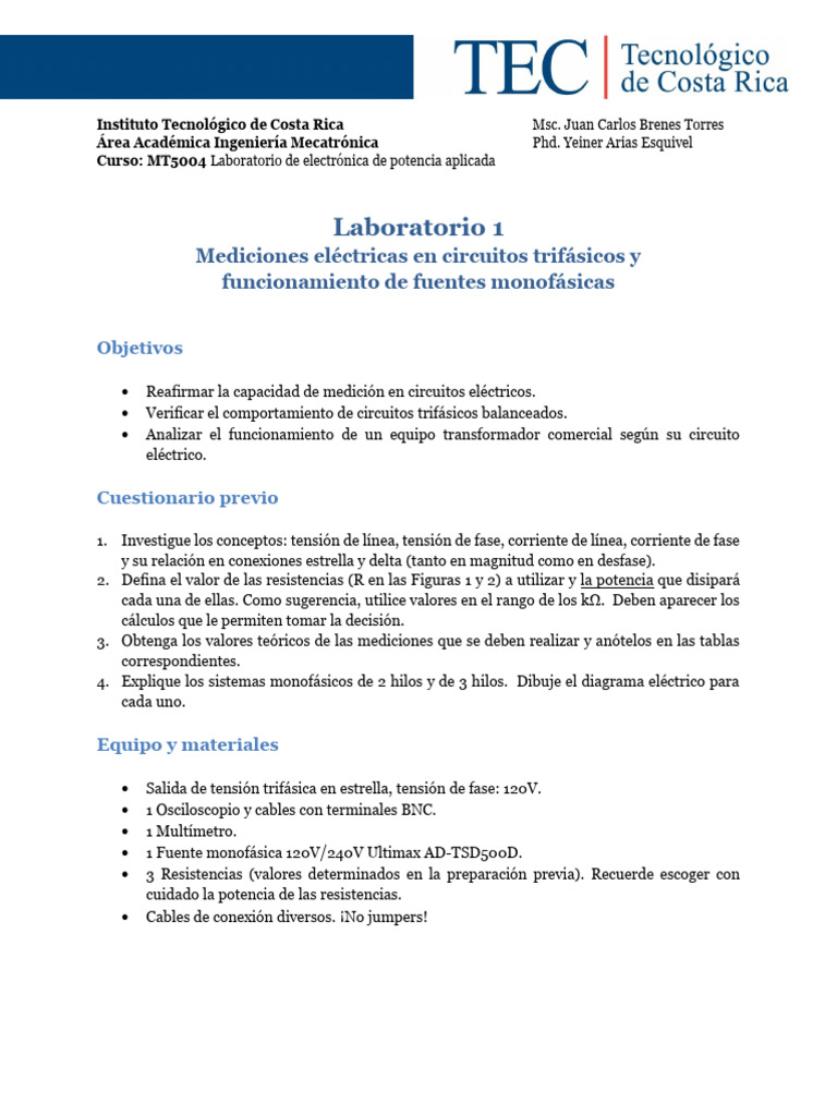 MT5004 Laboratorio1 | PDF | Corriente eléctrica | Energia electrica