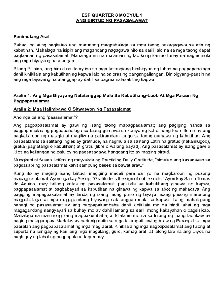 Esp Quarter 3 Modyul 1 Notes | PDF