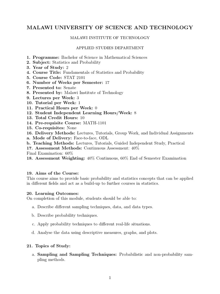 Stat 2101 Course Outline Pdf Statistics Probability