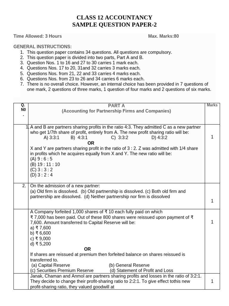 sample paper accountancy 2023-24 | PDF | Balance Sheet | Goodwill ...
