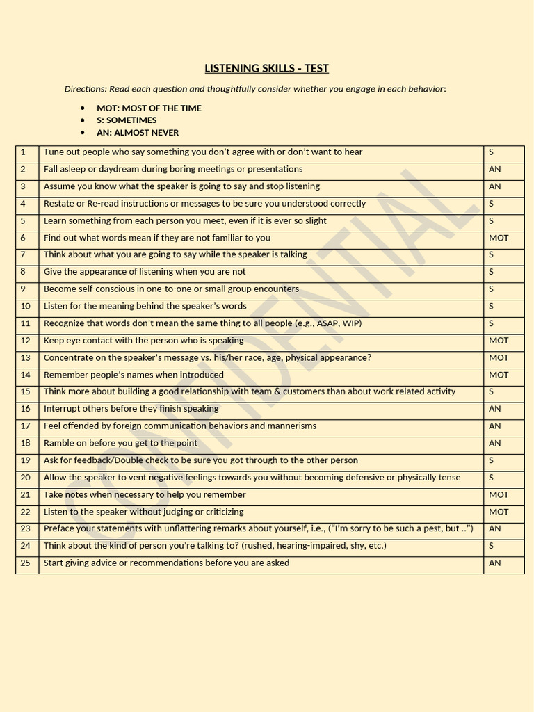 Listening Skills - Self Assessment | PDF | Communication | Cognition