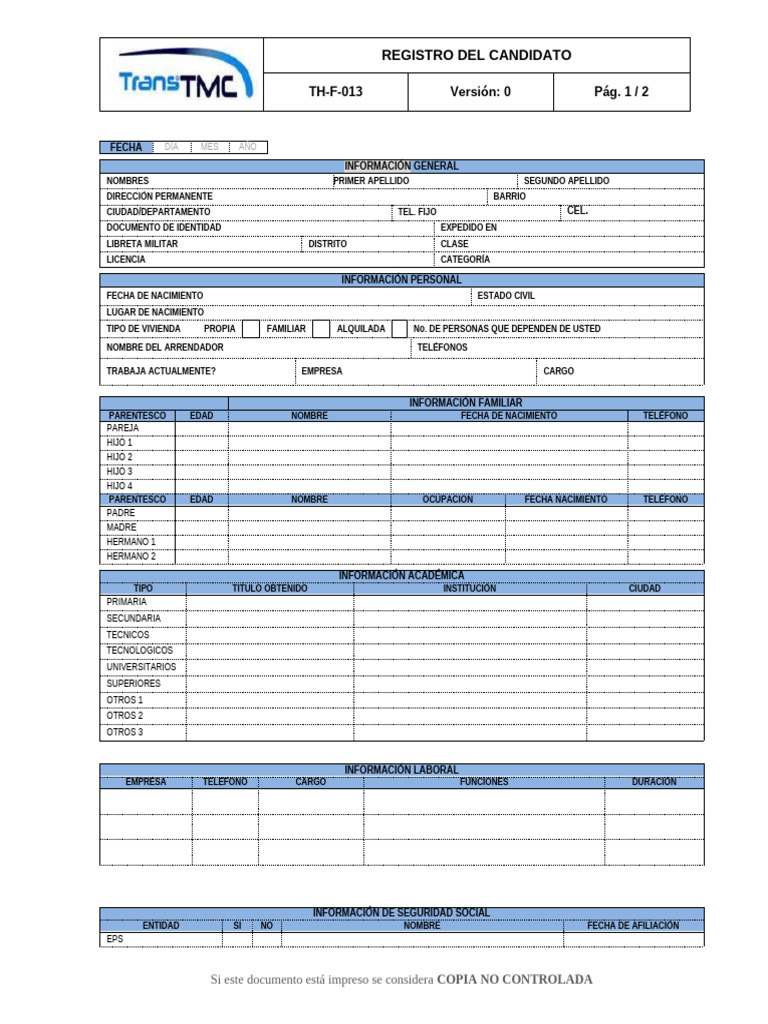 TH-F-013 Registro Del Candidato | PDF | Business | Documento de identidad