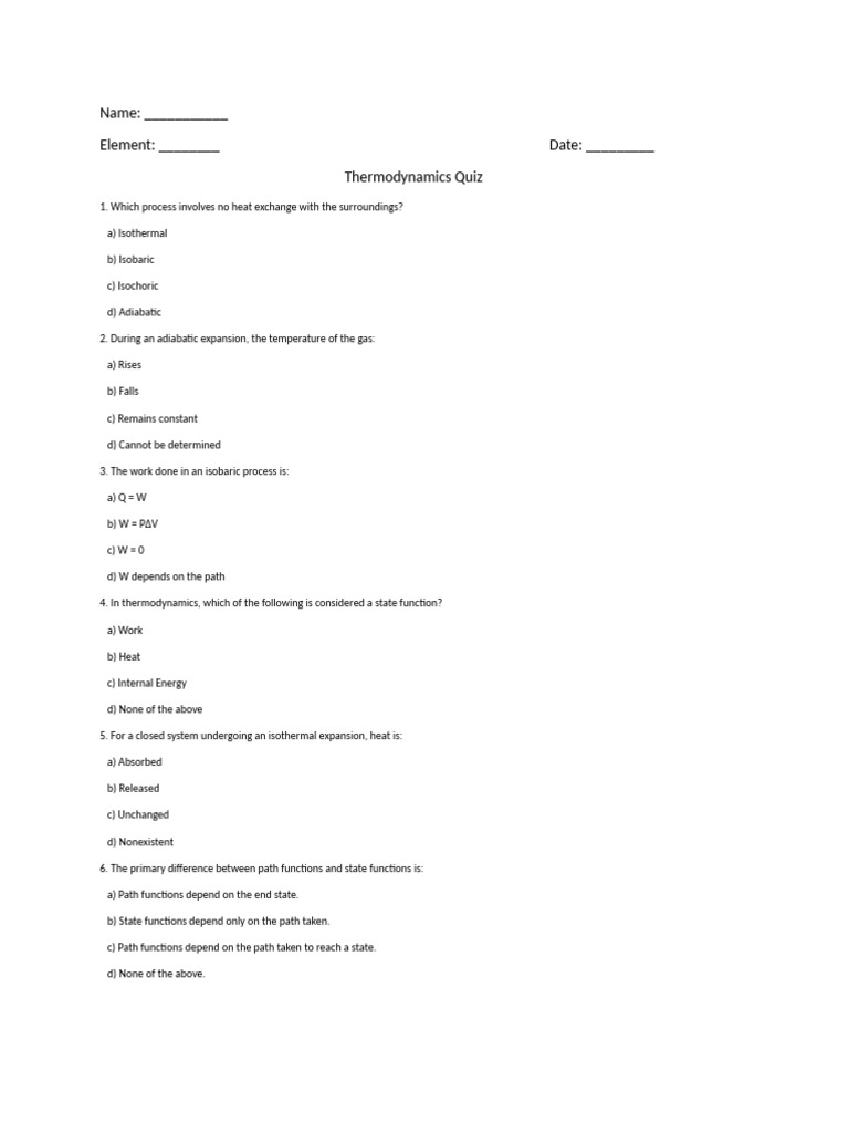Thermodynamics Quiz | PDF | Thermodynamics | Heat