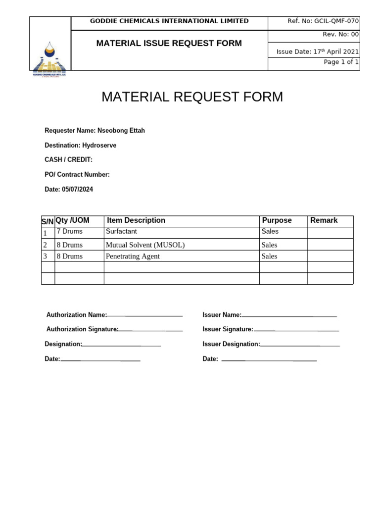 Material Request Form for Chemicals | PDF