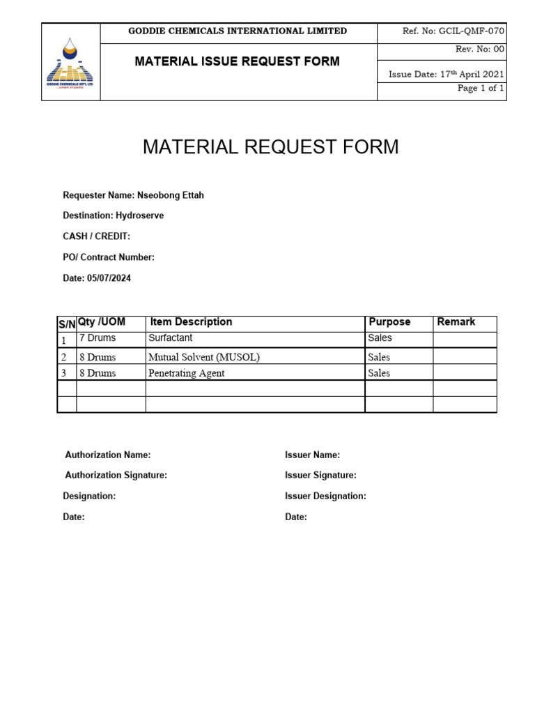 Material Issue Request Form Template | PDF