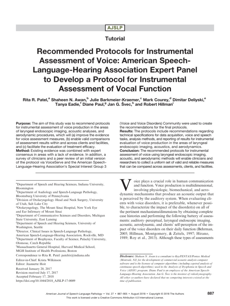 Patel Et Al 2018 Recommended Protocols For Instrumental Assessment of ...
