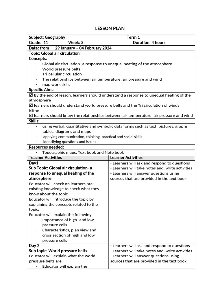WEEK 3 of TERM 1 Global Air Circulation LESSON PLAN 1 | PDF ...