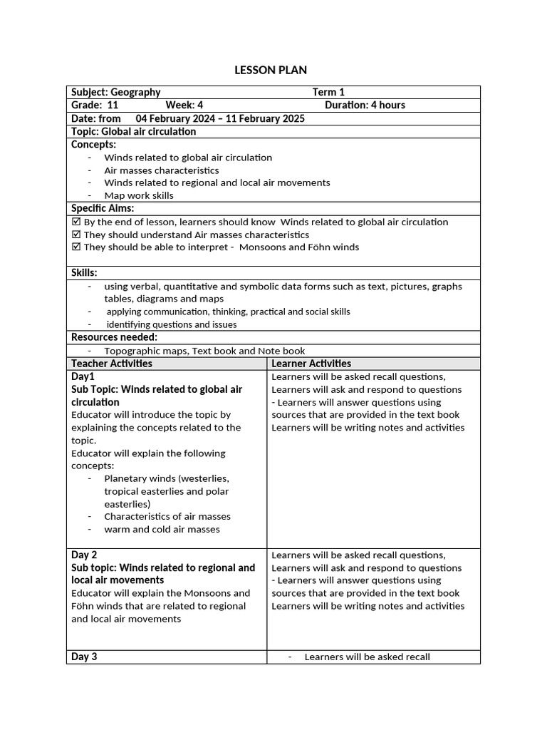 WEEK 4 of THERM 1 Winds and Air Masses Week 4 of Terrm 1 LESSON PLAN 1 ...