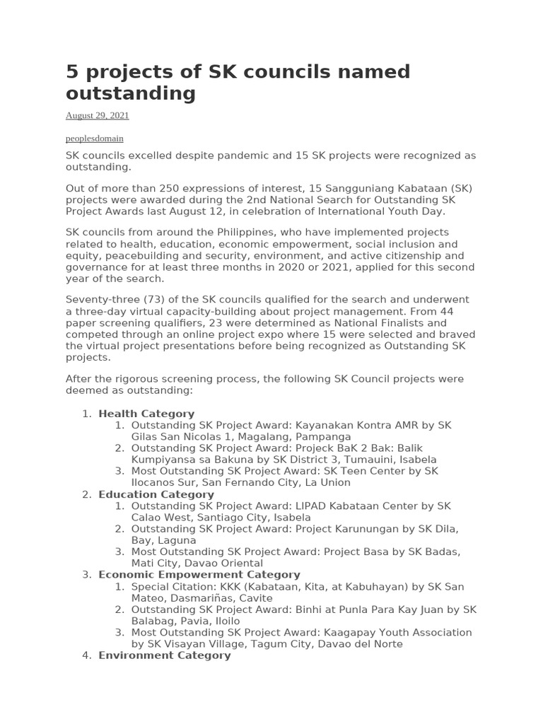 Outstanding SK Projects Recognized | PDF | Philippines