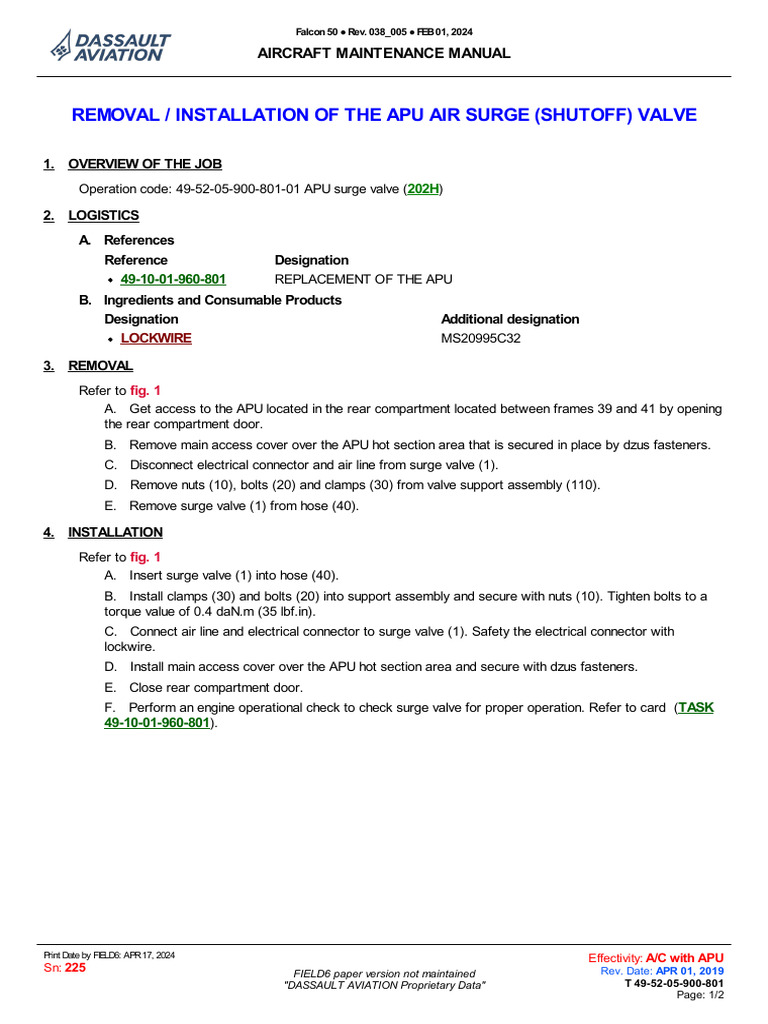 T 49-52-05-900-801-REMOVAL INSTALLATION OF THE APU AIR SURGE (SHUTO ...