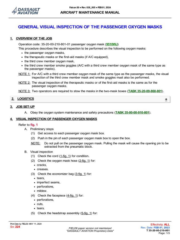 T 35-20-00-210-801-General Visual Inspection of The Passenger Oxygen | PDF