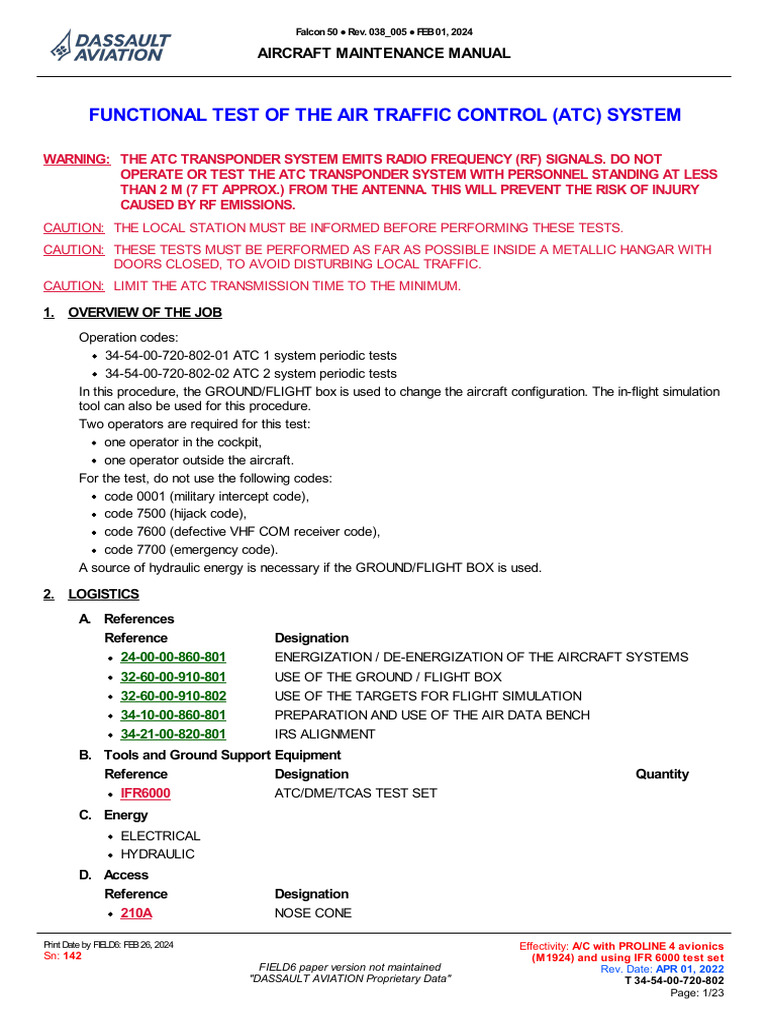 T 34-54-00-720-802-Functional Test of The Air Traffic Control (Atc) S ...
