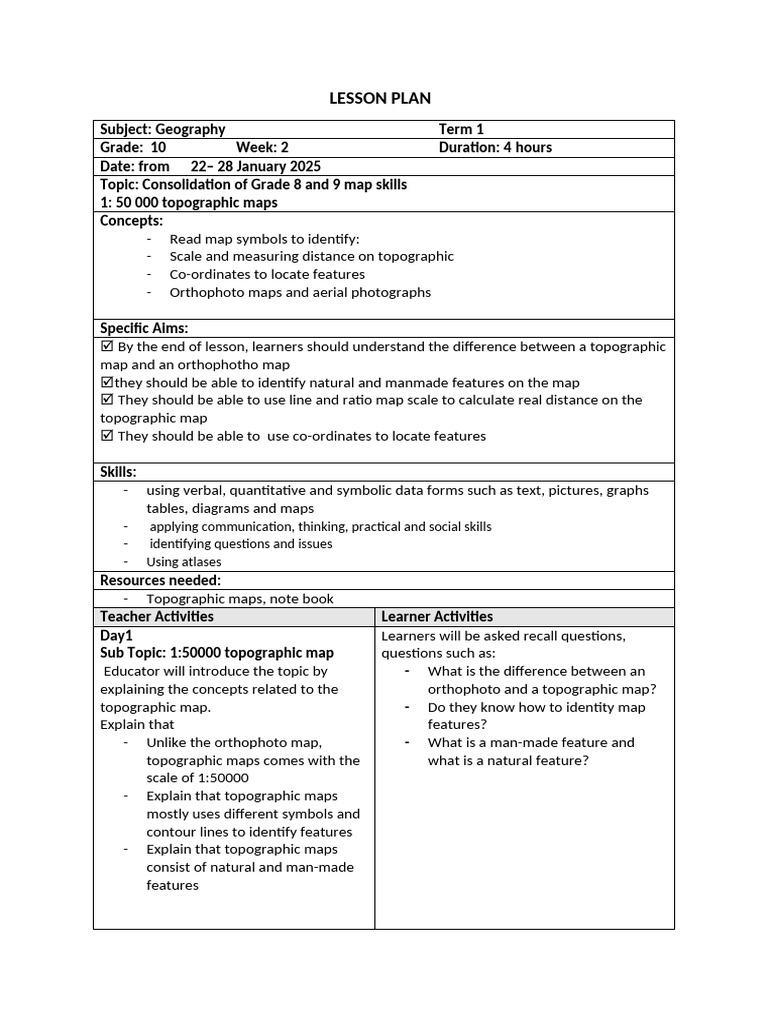 Week 2 of Term 1map Work Skills Lesson Plan 1 | PDF | Map | Topography