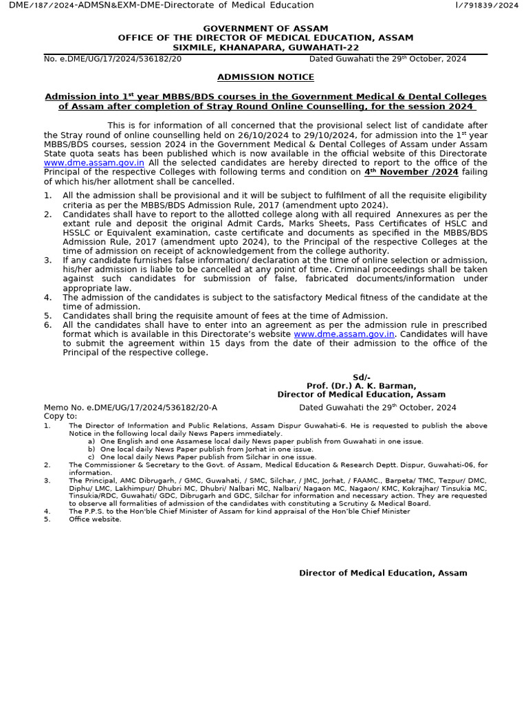 Stray Round Admission Notice 2 | PDF | Dental Degree | Tests