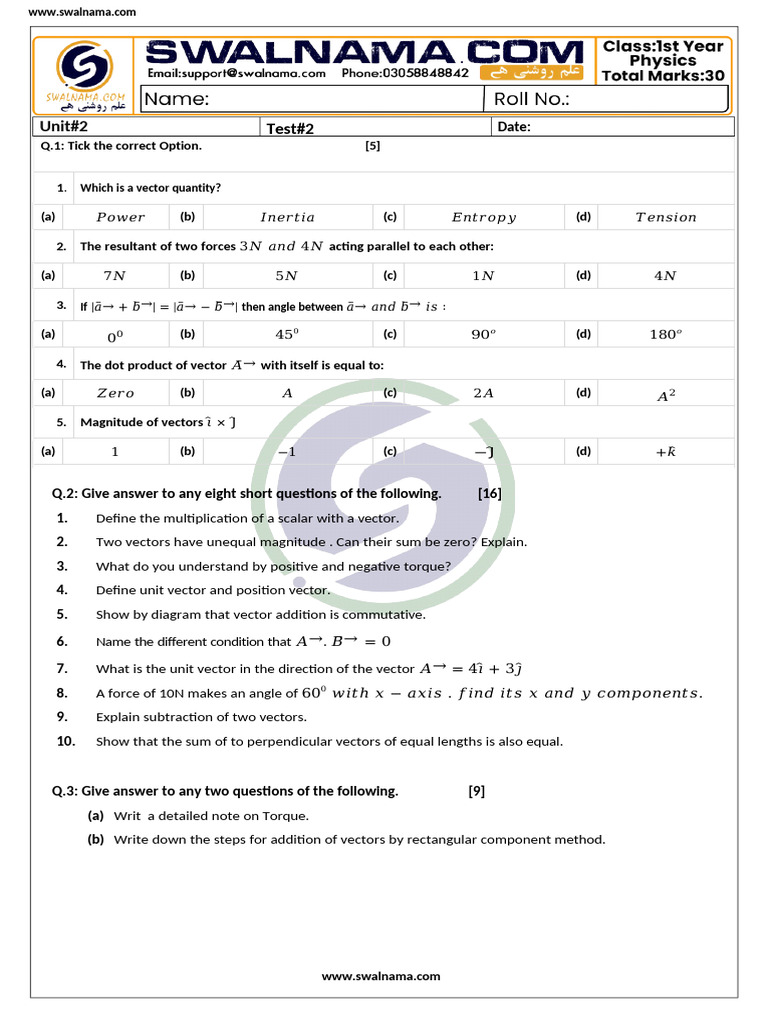 T2 Chapter Wise Test Physics chapter 2 1st year (1) | PDF
