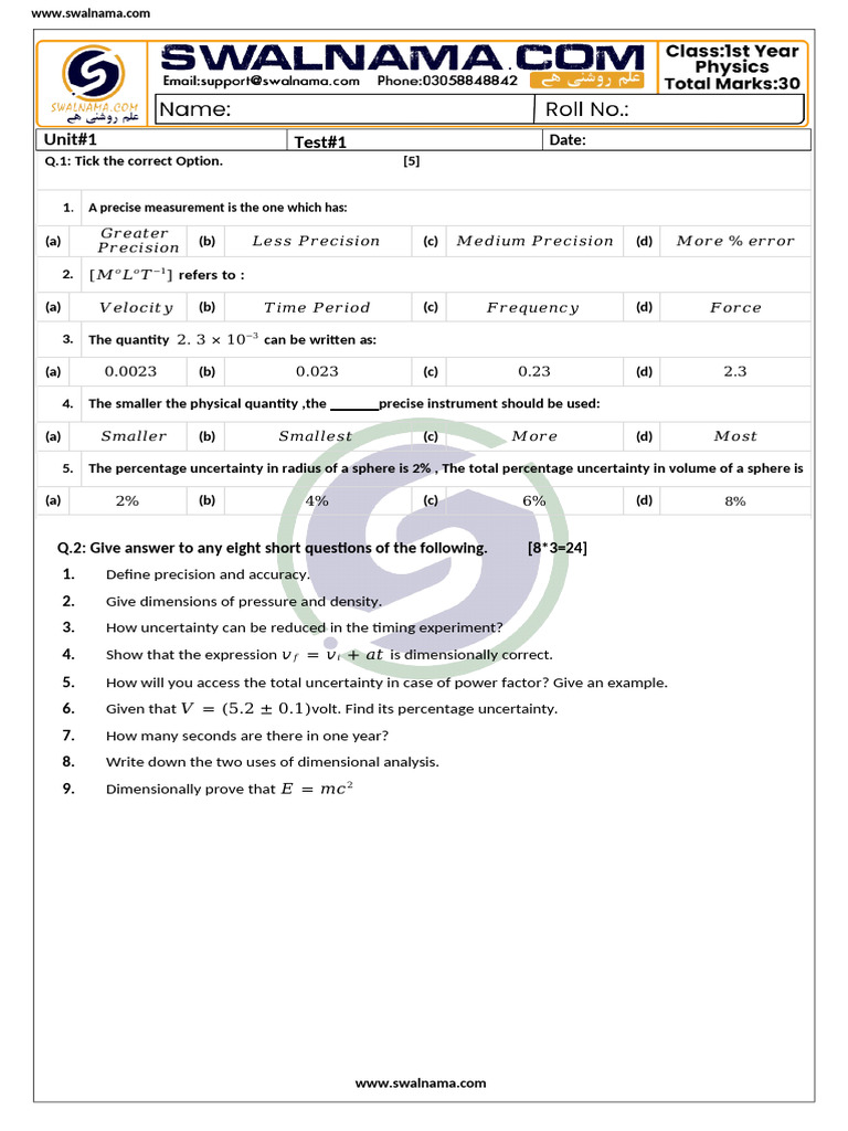T1 Chapter Wise Test Physics Chapter 1 1st Year | PDF