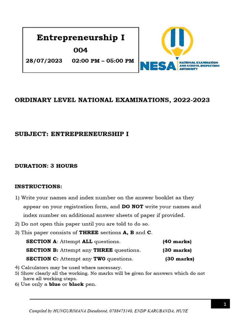 2022-2023 Entrepreneurship Exam Paper | PDF | Economies