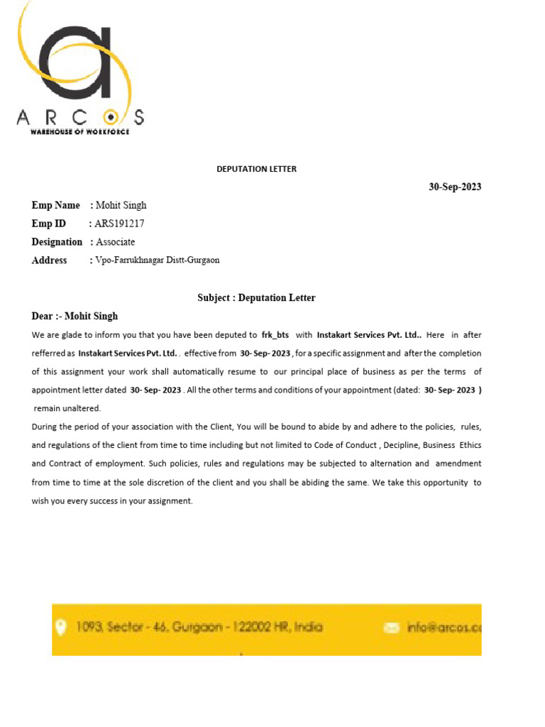 Deputation Letter for Mohit Singh | PDF | Private Law | Business
