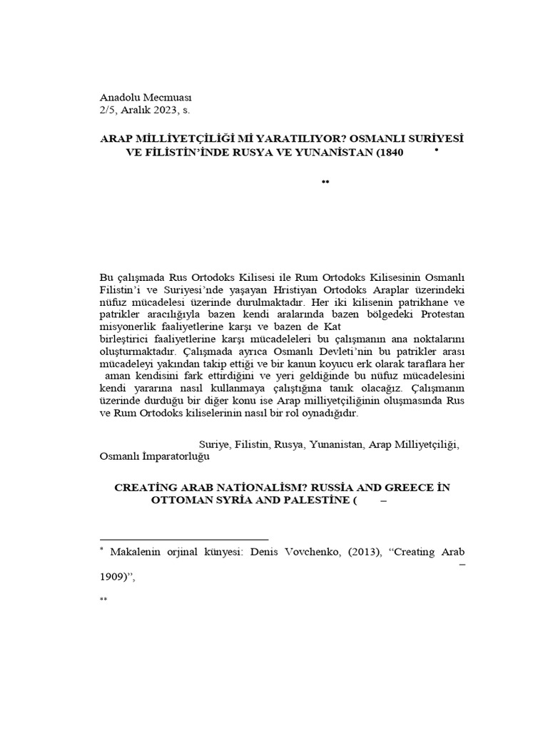 Arap Milliyet - Ili - I Mi Yarat - L - Yor - Osmanl - Suriyesi Ve Filistini - Nde Rusya Ve ...